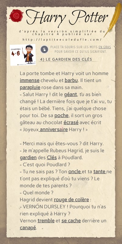Texte simplifié interactif d'Harry Potter | Genially