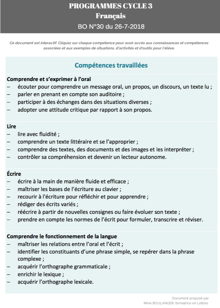Programme français cycle 3 | Genially
