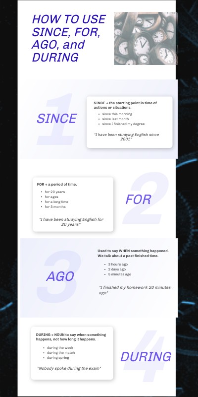 TIME EXPRESSIONS SINCE, FOR, AGO, DURING | Genially
