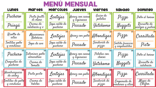 MENÚ MENSUAL DE RECETAS