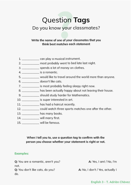 Question Tags - Do you know your classmates? | Genially