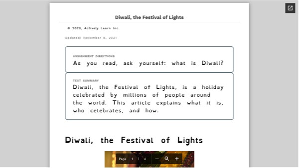 Reading Selection: Diwali, the Festival of Lights