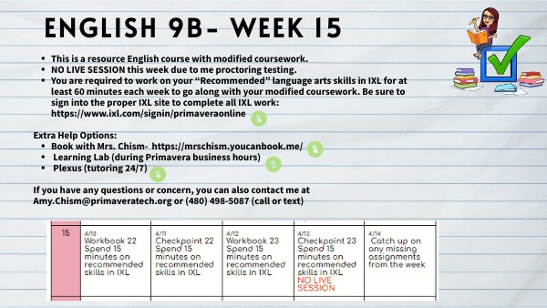 9B S2 Week 15 Checklist