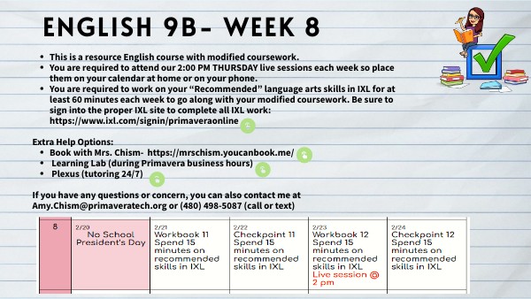 9B S2 Week 8 Checklist