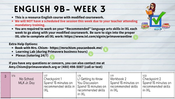 9B S2 Week 3 Checklist
