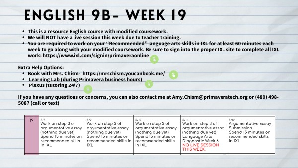9B S2 Week 19 Checklist