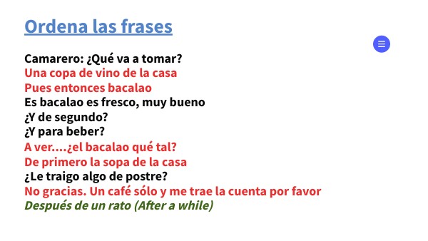 En el restaurante/ordenar las frases. A1 | Genially