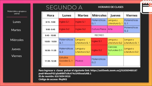 Horario de clases Segundo A