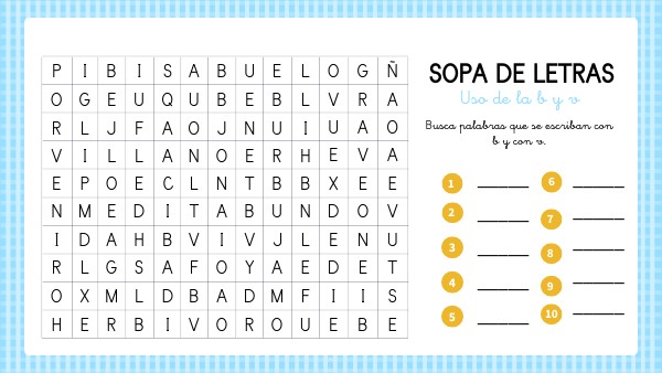 SOPA DE LETRAS: USOS DE LA B Y LA V | Genially