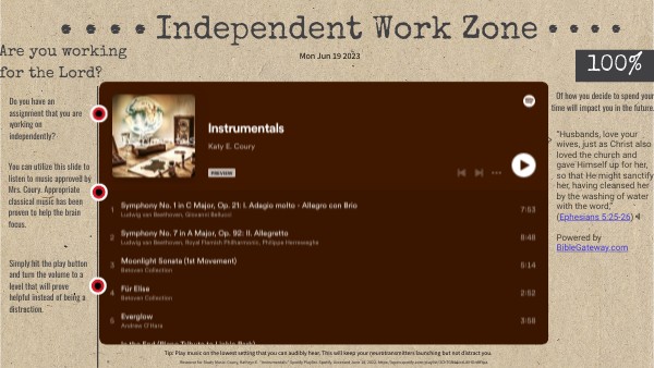 Independent Work Zone