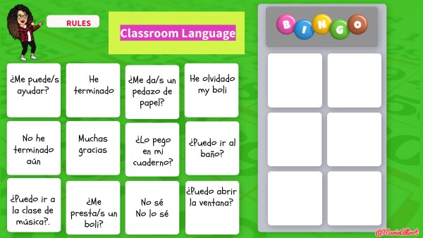 Bingo classroom language/lenguaje de aula | Genially