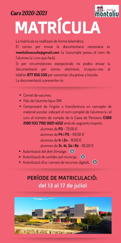 matrícula 2020-21 Montoliu