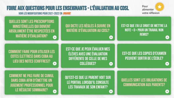 Foire aux questions pour les enseignants - L'évaluation au CDSL | Genially