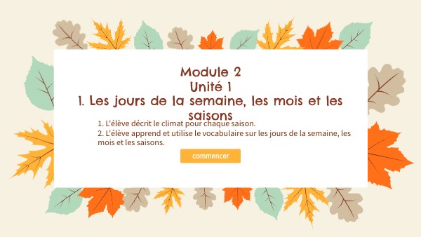 Module 2 Unité 1. 1. Les jours de la semaine, les mois et les saisons ...
