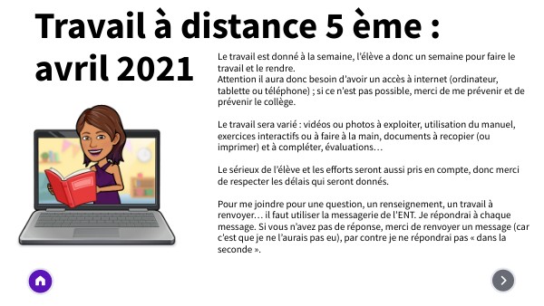 avril 2021 travail à distance 5 ème | Genially
