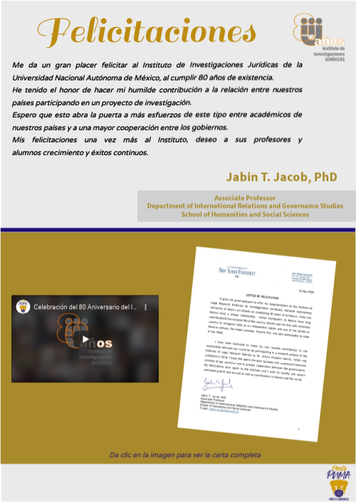 Felicitación de Jabin T. Jacob, PhD, por el 80 aniversario del IIJ