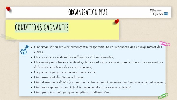 Organisation du PFAE