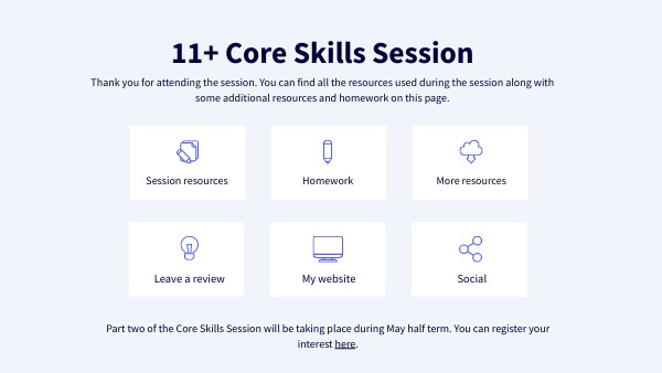 11+ Core Skills Session (Easter)