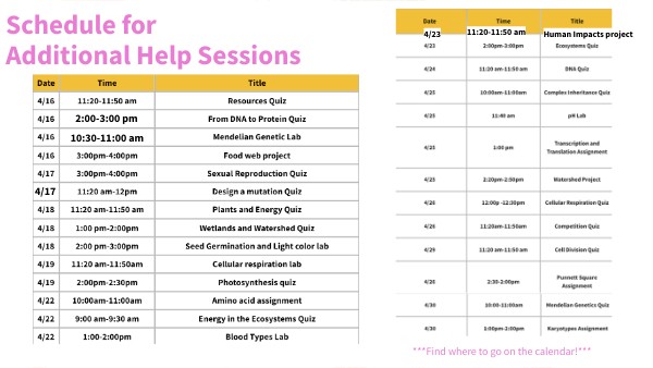 Biology Help Sessions Calendar