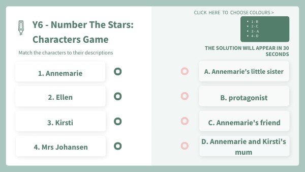 Y6 - Number The Stars: Characters Game | Genially
