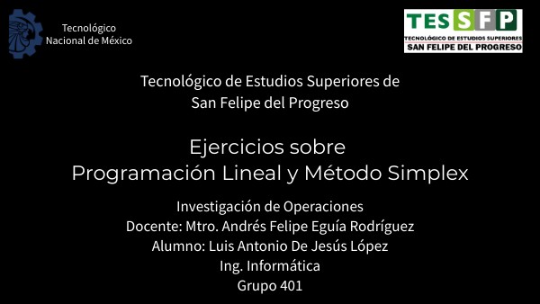 Presentación sobre ejercicios de Programación Lineal y Método Simplex | Genially