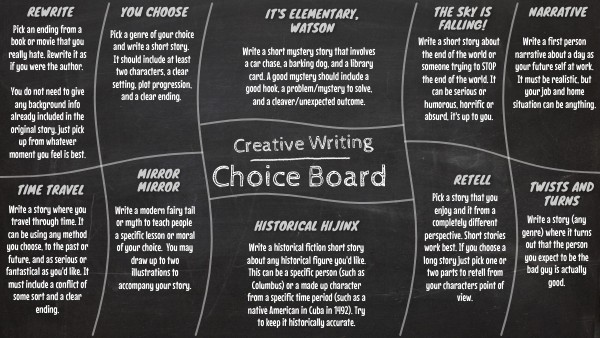 Creative Writing Choice Board | Genially