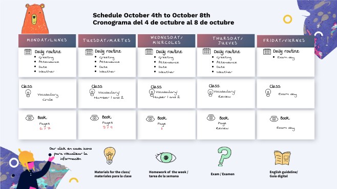 Week 2 - 1°A Schedule /Cronograma | Genially