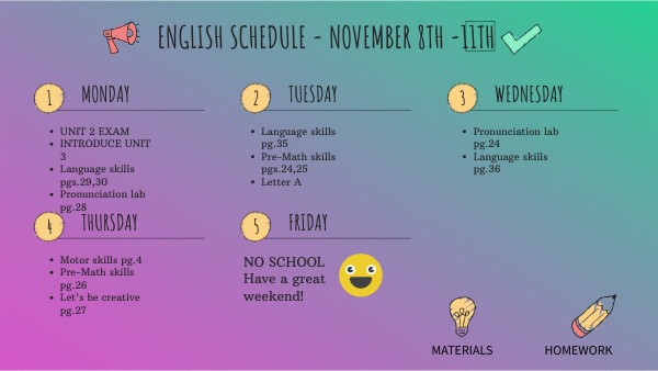 Schedule/Cronograma week 7- 1A | Genially