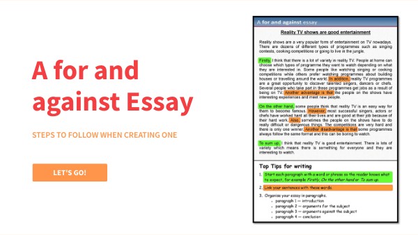 FOR AND AGAINST ESSAY 1º BACH | Genially