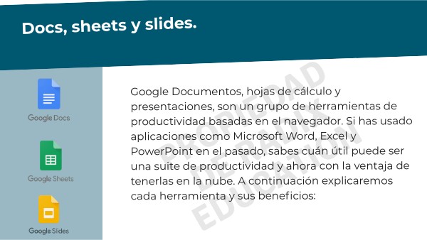 Docs, sheets y slides.