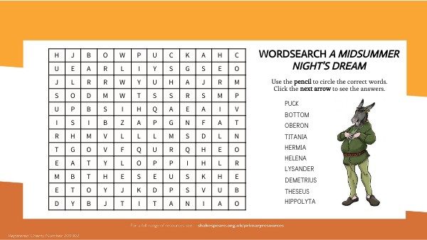 A Midsummer Night's Dream wordsearch - Orange template