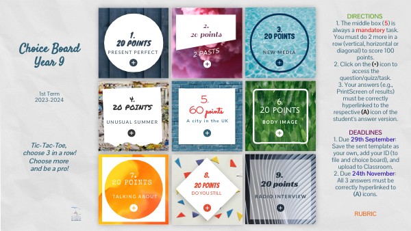 CHOICE BOARD 1 | Questions | Year 9 | 2023-2024 | Genially