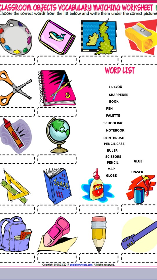 CLASSROOM OBJECTS VOCABULARY MATCHING WORKSHEET