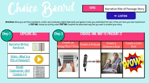Narrative Unit Rite of Passage Choice Board