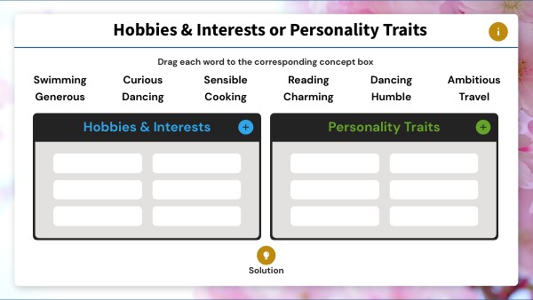 Concepts game Hobbies & Interests or Personality traits | Genially