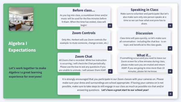 Algebra I Class Norms and Expectations | Genially