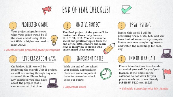 US History- End of Year Checklist