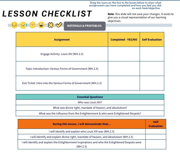 E & I T10 Lesson Checklist - 10th SS Lesson 1