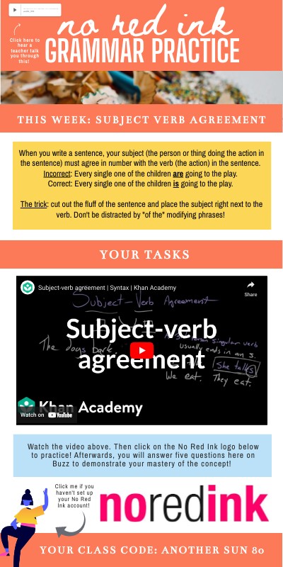 6th Grade No Red Ink - Subject/Verb Agreement | Genially
