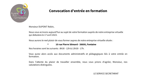 convocation entrée en formation