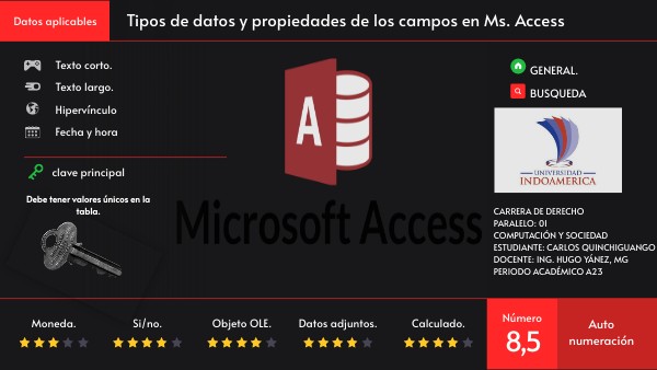 Tipos de datos y propiedades de los campos en Ms. Access | Genially