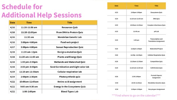 Biology Help Sessions Calendar | Genially