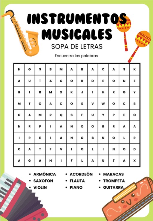 INSTRUMENTOS MUSICALES. Sopa de letras. | Genially
