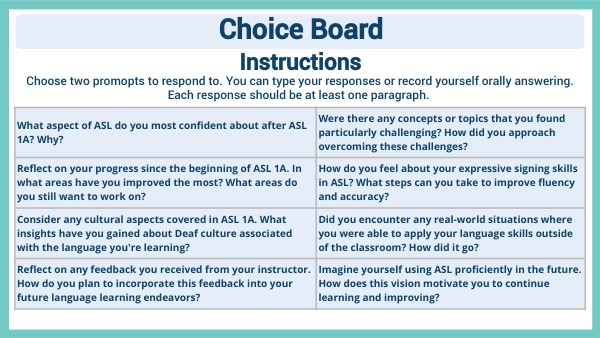 Learn 3.11 Exit Ticket Choice Board