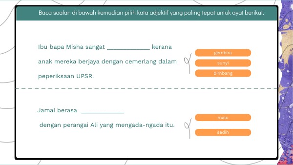PILIH KATA ADJEKTIF YANG SESUAI DENGAN AYAT DI BAWAH | Genially